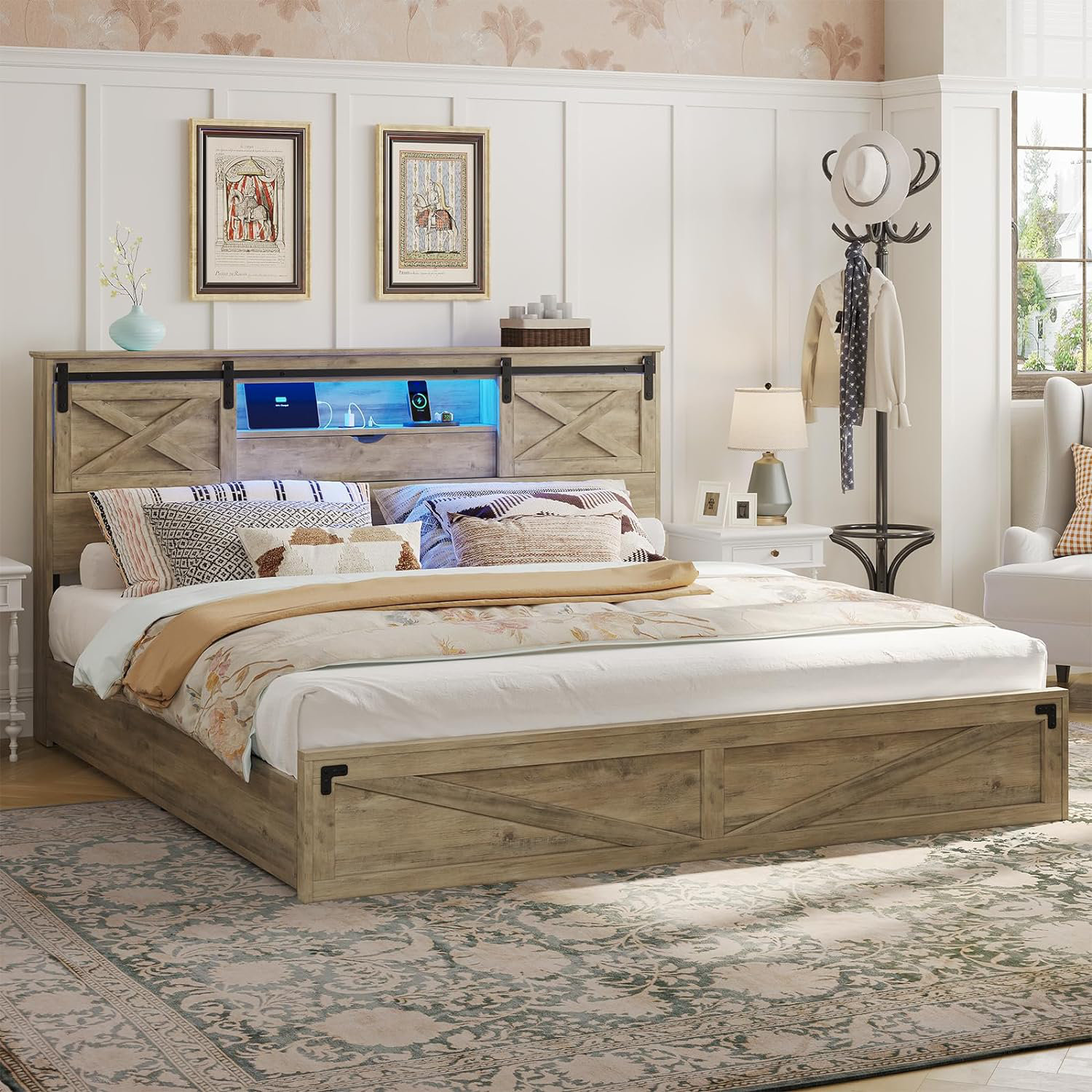 Gracie Oaks Farmhouse Bed Frame King Size With Led Lights And Charging Station Platform King Bed With 2 Storage Drawers Rustic Accent Headboard With Sliding Barn Door Storage Cabinets Reviews Wayfair